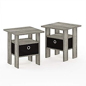 Furinno Andrey Set of 2 End Table / Side Table / Night Stand / Bedside Table with Bin Drawer, French Oak Grey