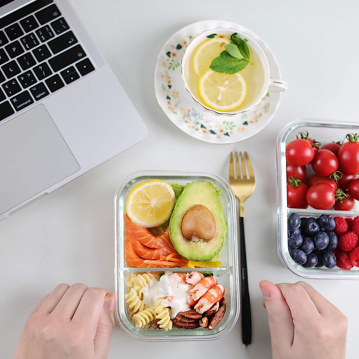 Bayco 10 Pack Glass Meal Prep Containers 2 Compartment, Glass Food Storage Containers with Lids, Airtight Glass Lunch Bento Boxes, BPA-Free & Leak Proof (10 lids & 10 Containers) - Grey