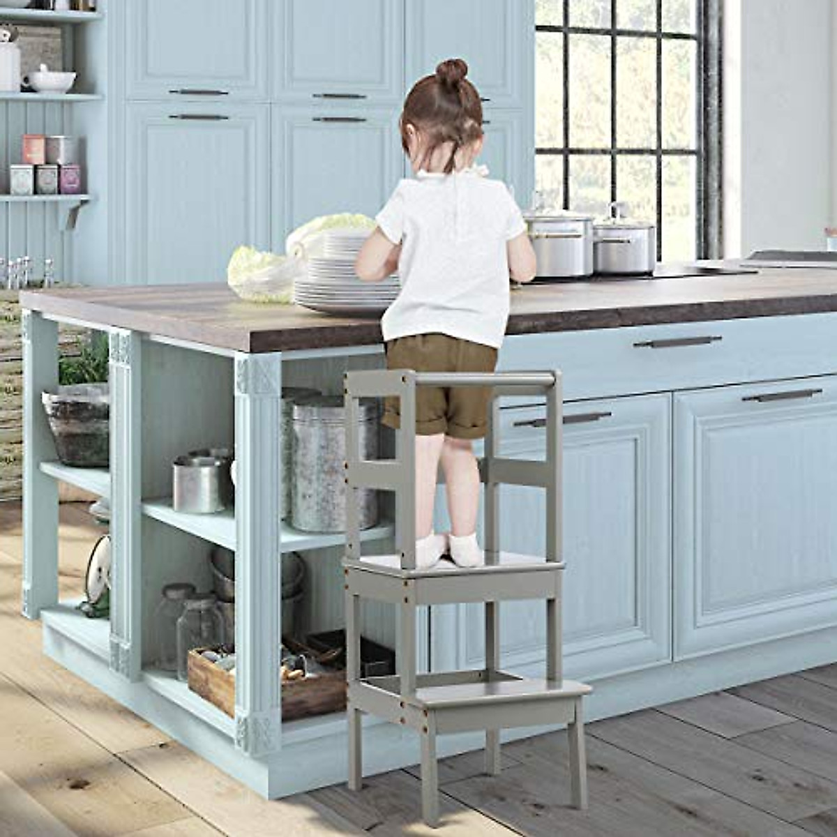 Costzon Kids Kitchen Step Stool with Safety Rail, Wood Standing Tower Learning Stool with Anti-Slip Strips for Children, Toddlers Kitchen Counter Helper Stool for Bathroom