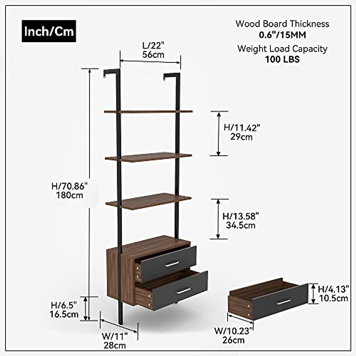 DREAMODERN Modern Bookshelf with Drawers, 4-Tier Open Bookcase Tall Wall Mount Ladder with Steel Frame -Brown