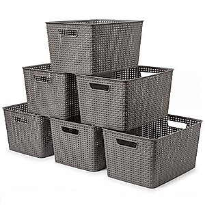 EZOWare 18 Quarts Woven Plastic Storage Basket Bin Set, Large Organizer Knit Tote Box - Set of 6, Gray