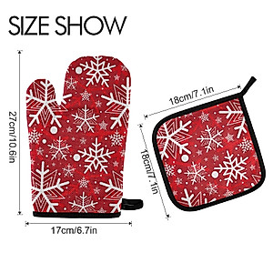 Winter Red Snowflakes Oven Mitts & Pot Holders 2pcs Christmas Xmas Kitchen Heat Resistant Non-Slip Potholders Set for Cooking Baking BBQ