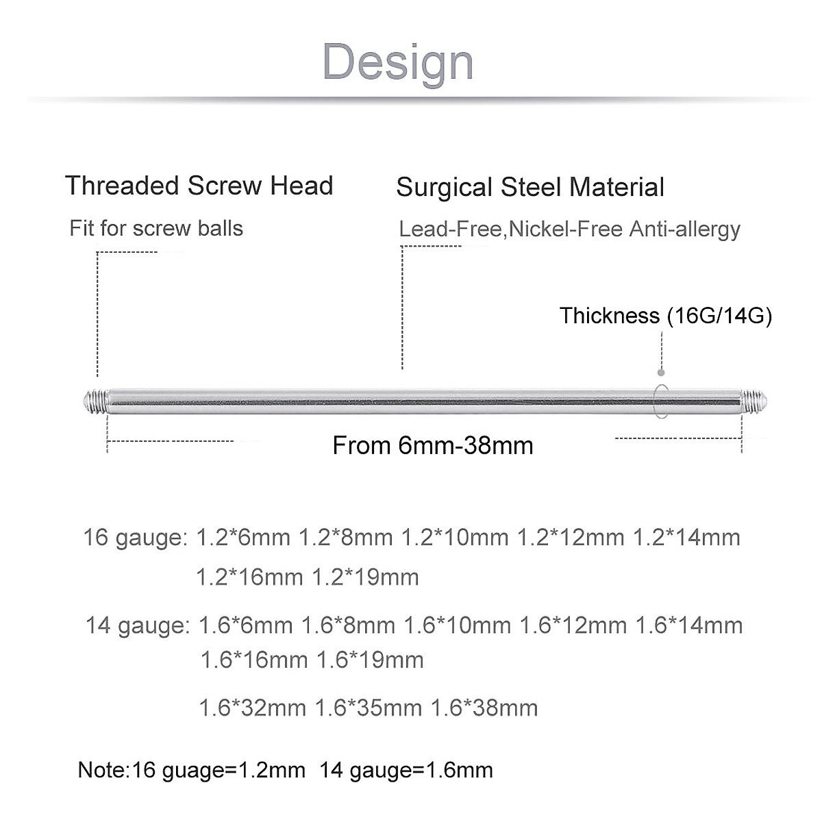 COTTVOTT 20pcs a Set Surgical Steel Threaded Barbell Bar Replacement for Tongue Earring Piercing Body Jewelry (Mix 20pcs)