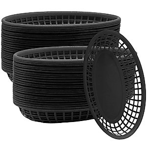 Cezoyx 50 Pack Black Fast Food Basket, 8.9 x 5.6 x 1.5 inch Oval Bread Fry Baskets Plastic Food Serving Tray for Fast Food Restaurant Supplies, Deli Serving, Chicken, Burgers, Sandwiches, Fries