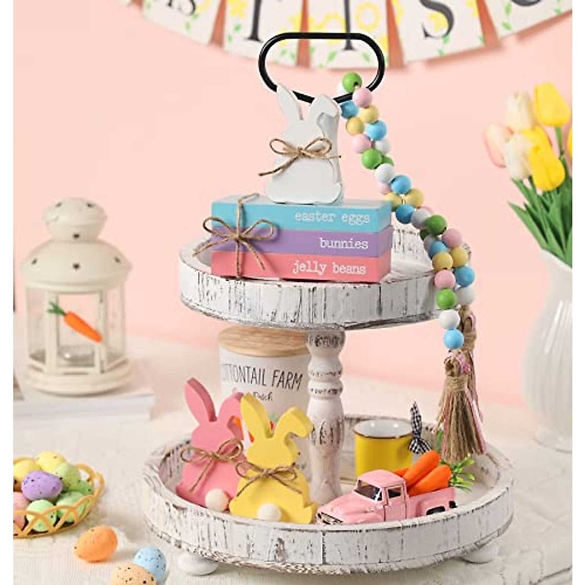 Easter Tiered Tray Decor, Spring Easter Decor for Table, Wood Book Stack with White Bunny and Bead Garland for Easter, Farmhouse Easter Mini Faux Decorative Books Bundle