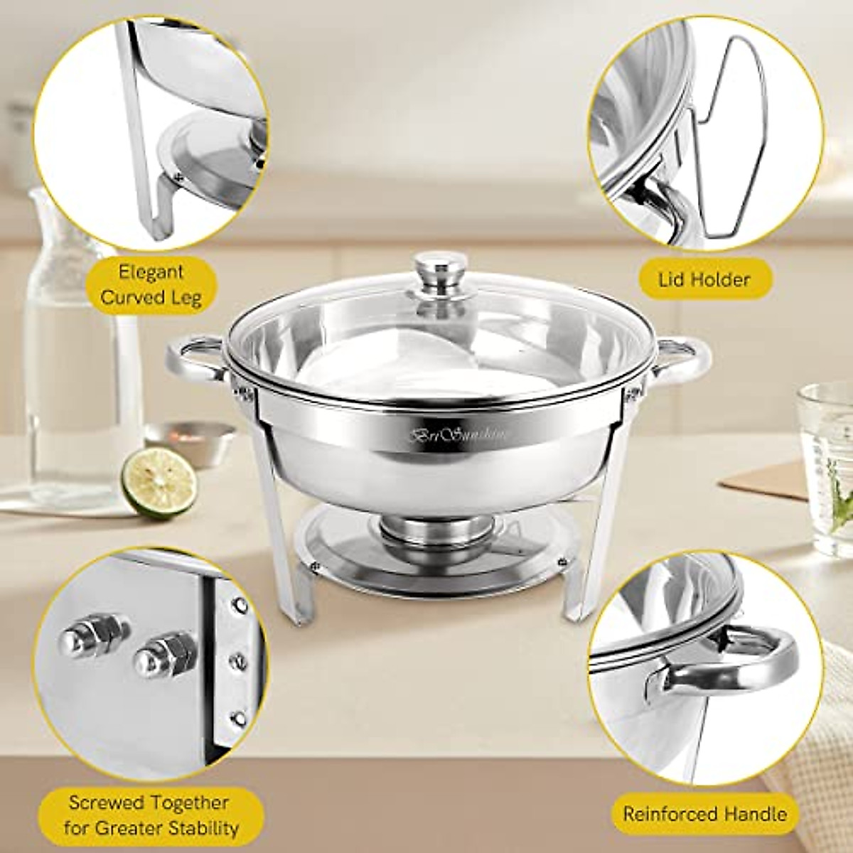 BriSunshine 6 Packs 5 QT Chafing Dish Buffet Set, Stainless Steel Round Chafer Sets with Glass Lid & Lid Holder, Food Warmer For Parties Weddings Catering