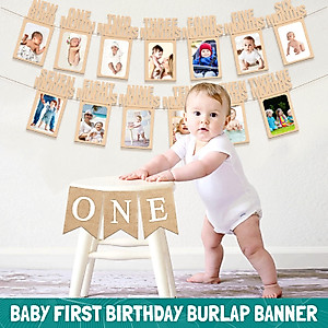 One High Chair First Birthday Burlap Banner One Banner and 1st Birthday Photo Banner for Boy Girl Newborn 12 Month One Year Old Birthday Decorations Monthly Milestones Garland Photo Prop Supplies