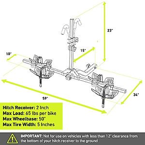 Vibrelli Electric Bike Hitch Rack - 2 Ebike Rack Fits Fat Tire, Mountain Bike, Standard Bicycles - 65lbs per Bike - Patented Anti-Wobble - Cars & SUV - Tilt Down/Fold Up Platform - Locking Tow Mount