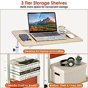 TeqHome C Shaped End Table, Height Adjustable C Side Table with Metal Frame, 4 Wheels and Storage Shelves, Rustic Snack TV Tray Table for Couch, Bed, Sofa, Living Room, Bedroom (Wood Color)