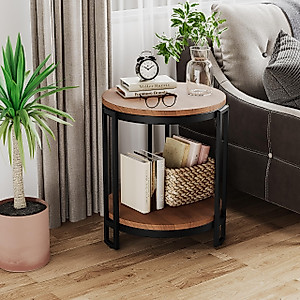 Alunaune Industrial End Table, 2-Tier Marble Look Round Side Table, Small Modern Storage Shelf Black Metal Coffee Table Nightstand for Living Room Bedroom-Brown with Black Leg