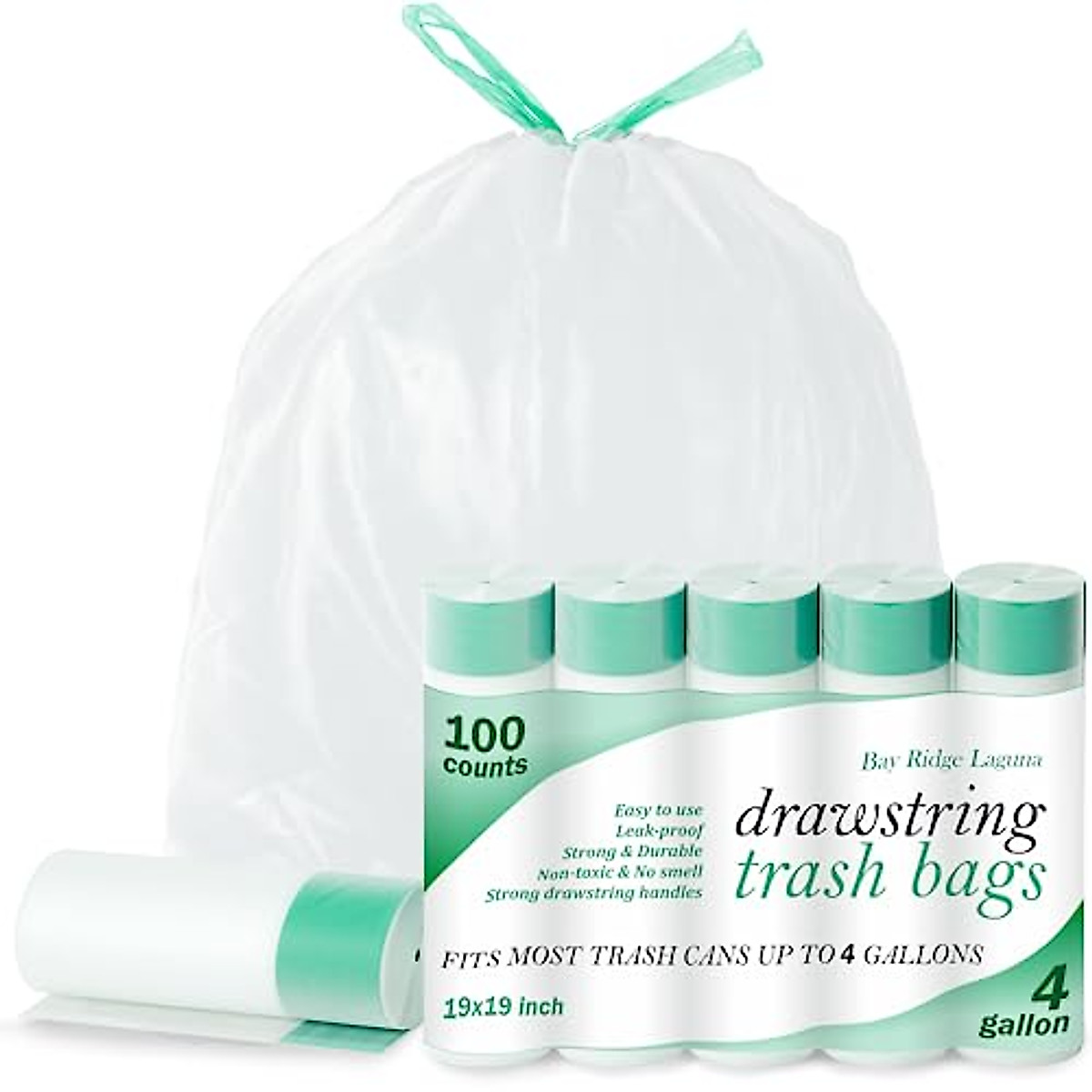 Bay Ridge Laguna 4 Gallon/100pcs Small Trash Bags - Drawstring Small Garbage Bags - Kitchen Trash Bags - Bathroom Trash Bags - Plastic Trash Bags with Handles - Waste Basket Liner - 19x19” (White)