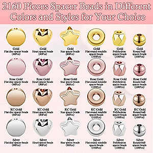 2160 Pieces Gold Spacer Beads Set, Assorted Bracelet Beads Round Beads Star Beads Gold Beads for Bracelet Jewelry Making(Gold, Sliver, Rose Gold, KC Gold)