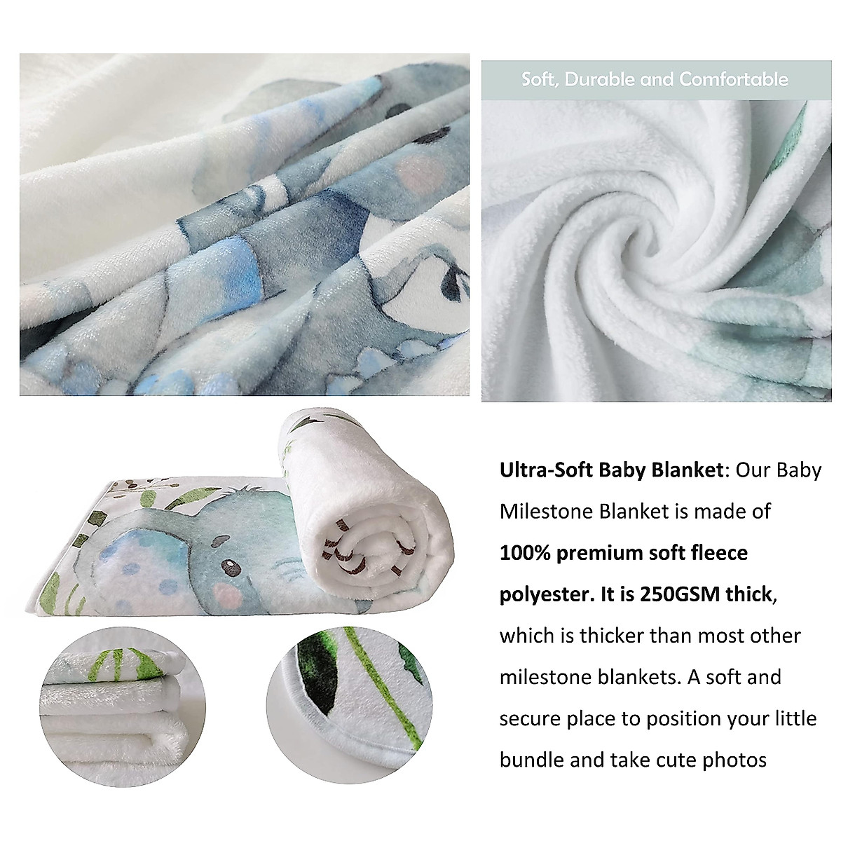 Baby Milestone Blanket, 60"x40", Baby Month Blanket for Unisex Babys, First Year Calendar Monthly Growth Chart, (Light Gray Elephant)