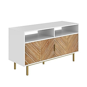Nathan James Izsak Media Console, TV Stand, Entertainment Cabinet with Herringbone Doors and Cubby Storage in a Fir Wood Finish for Living, Dining Room or Entryway, Brown/White/Gold