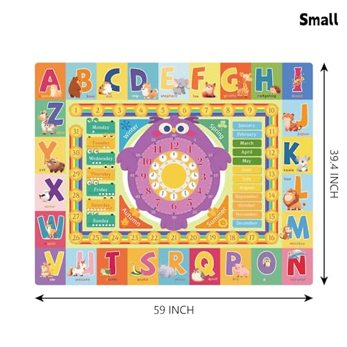 Vmterliya Educational ABC Kids Rug, TPR Nonslip Toddler Baby Child Learning Carpet Rug Playmat with Season, Month, Week and Animal for Classroom Playroom Bedroom
