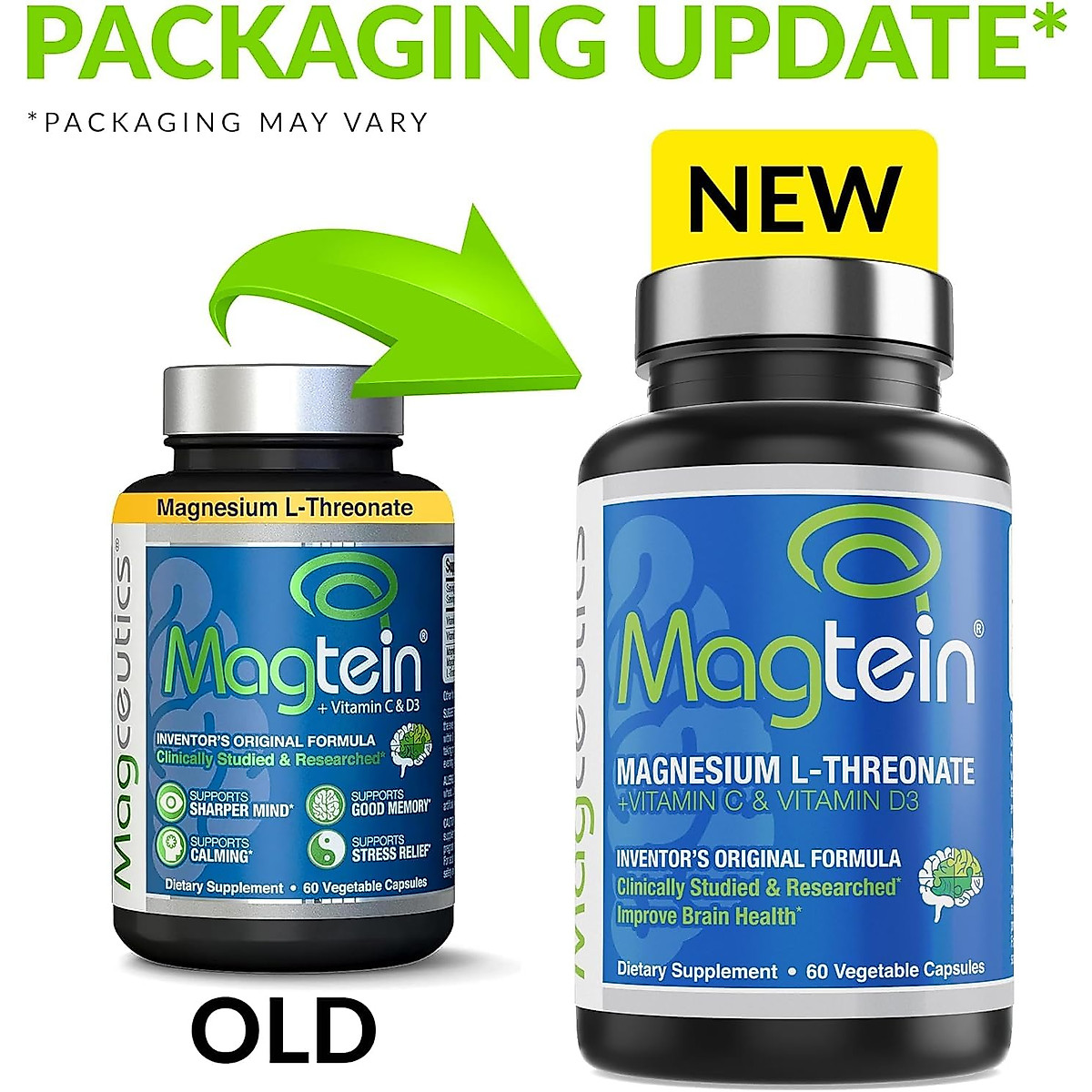 Magtein Magnesium L-Threonate, Improve Brain Health, Memory, Cognition, Stress Relief and Sleep Quality - 60 Veg Capsules (30 Days Supply)