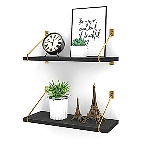 Godimerhea Black Floating Shelves for Wall, Set of 2 Wall Mounted Hanging Wood Shelf with Gold Brackets, Modern Luxury Decor Organizers Storage Shelves for Bathroom, Living Room, Bedroom