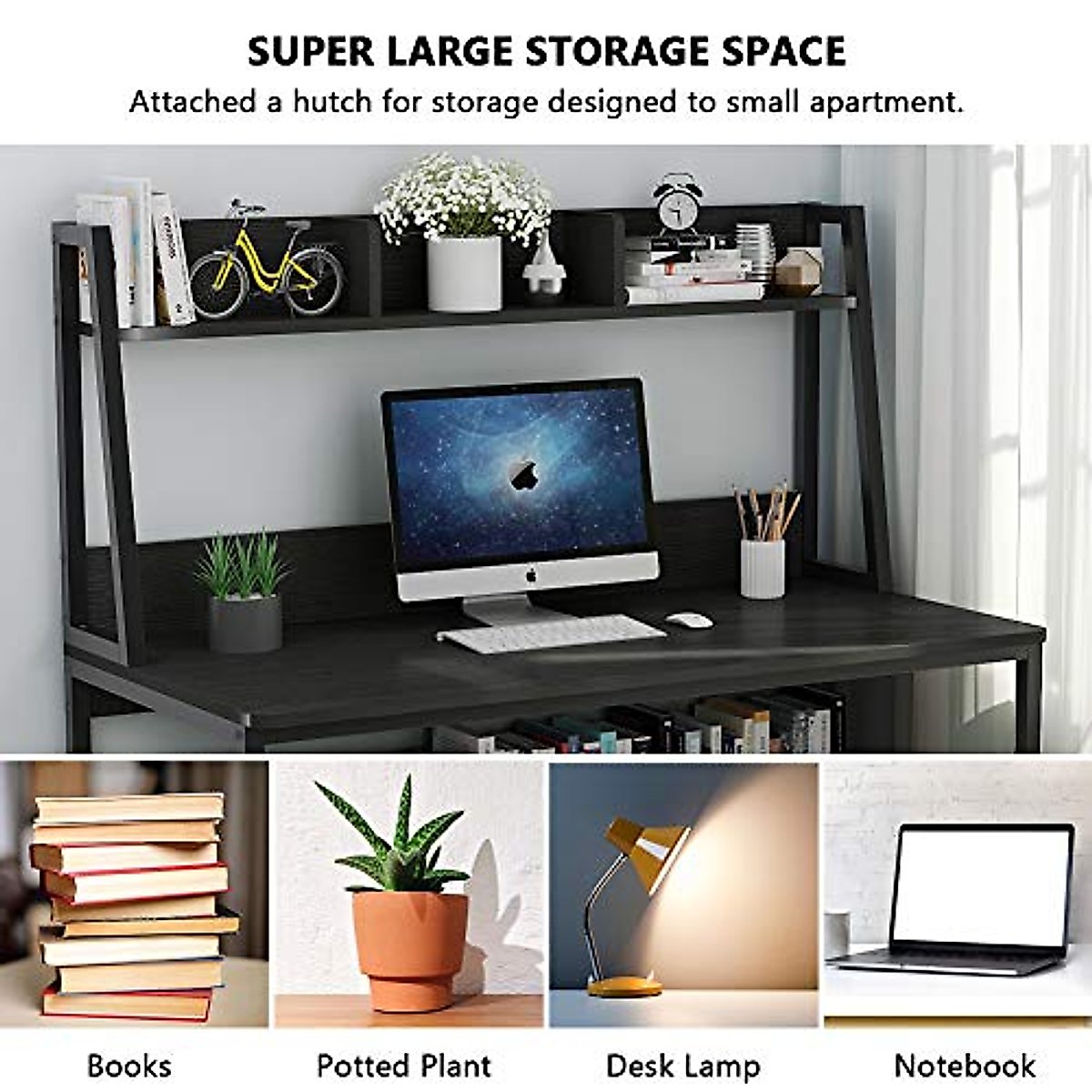 Tribesigns Computer Desk with Hutch,47 inches Home Office Desk with Space Saving Design with Bookshelf for Small Spaces (Black, 47)