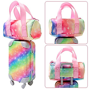 K.T. Fancy 23 PCS American 18 Inch Doll Accessories Suitcase Luggage Travel Set - Rainbow Suitcase Rainbow Bag Camera Computer Cell Phone Neck Pillow Eye Mask Glasses Gift for Christmas (NO Doll)