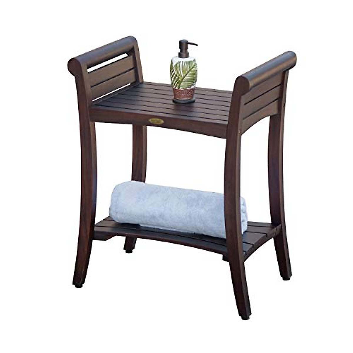 DecoTeak Symmetry Teak Shower Bench 24" Long Extended Height Wood Shower Stool with Shelf and LiftAide Arms Shower Bench in Woodland Brown Finish