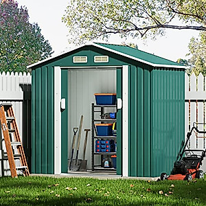 HOGYME 7' x 4.2' Storage Shed Outdoor Metal Shed, Garden Sheds &Outdoor Storage Suitable for Lawn Mower Ladder Bike, Backyard Steel Shed with Lockable/Sliding Doors and Stable Base, 4 Vents, Green