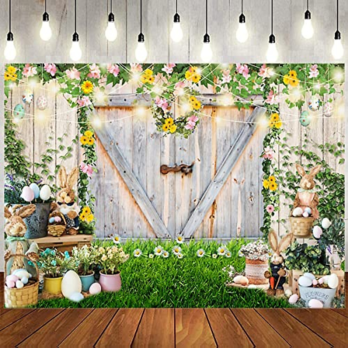 8x6ft Easter Spring Backdrop, Rustic Wooden Door Wall Bunny Rabbit Eggs Flower Greenery Photography Background Baby Shower Kids Birthday Party Decor Portrait Banner Photo Booth Studio Props
