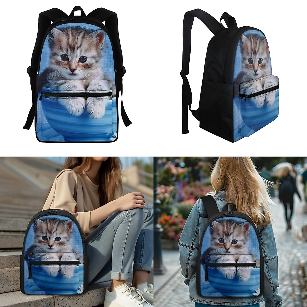 FOR U DESIGNS Kitten Cat Teens Backpack Set Canvas Girls School Bags Bookbags 3 in 1