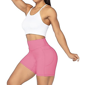 Sunzel No Front Seam Biker Shorts for Women with Pockets, Yoga Workout Gym Bike Shorts with Tummy Control 5" Bubblegum Pink Medium