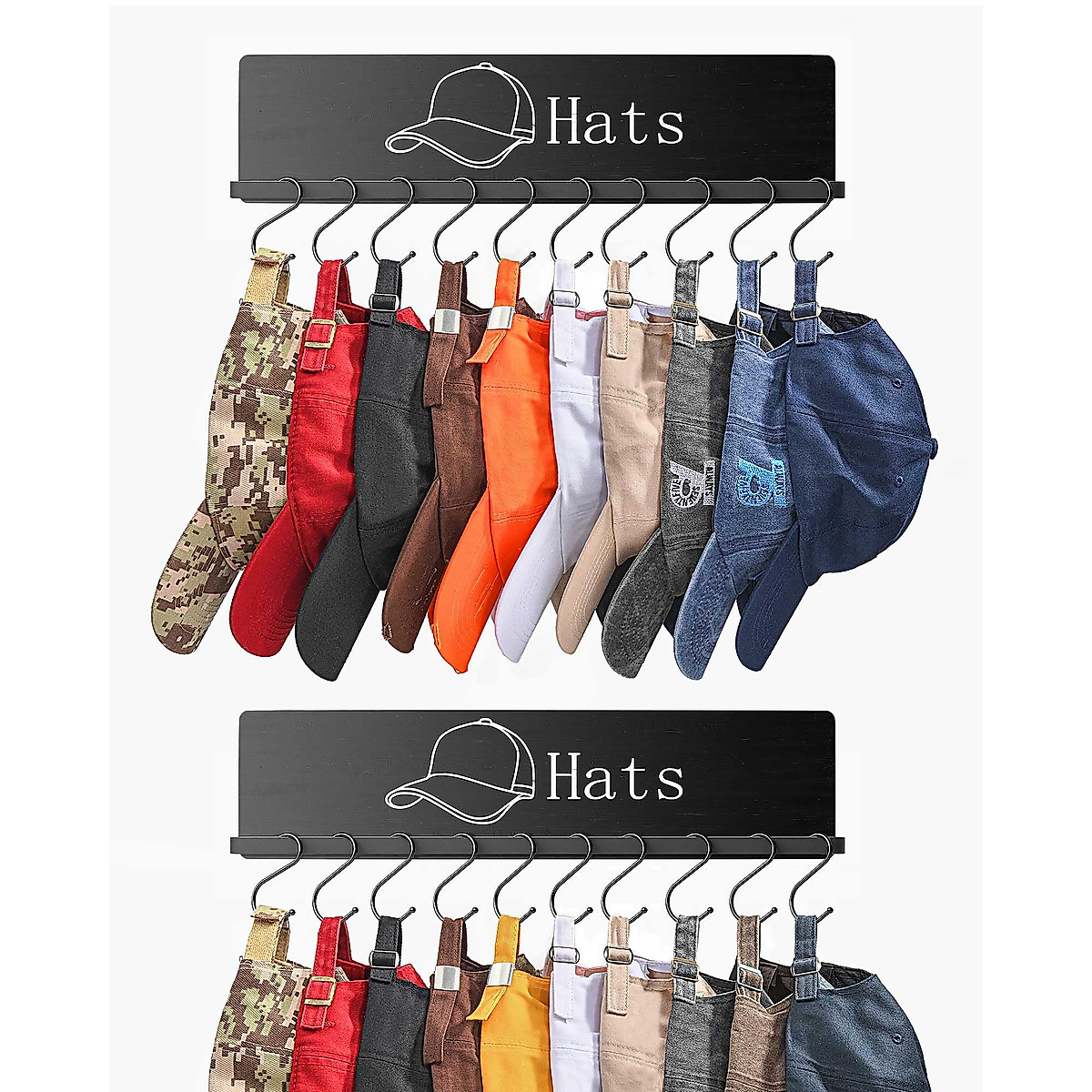 FANGSUN Hat Rack for Wall, Wooden Baseball Cap Organizer with 20 Hooks, Metal Rustic Hat Pattern Display Rack, Ball Cap Hanger Wall Mounted Hat Storage Holder for Closet Bedroom Entry, Set of 2, Black