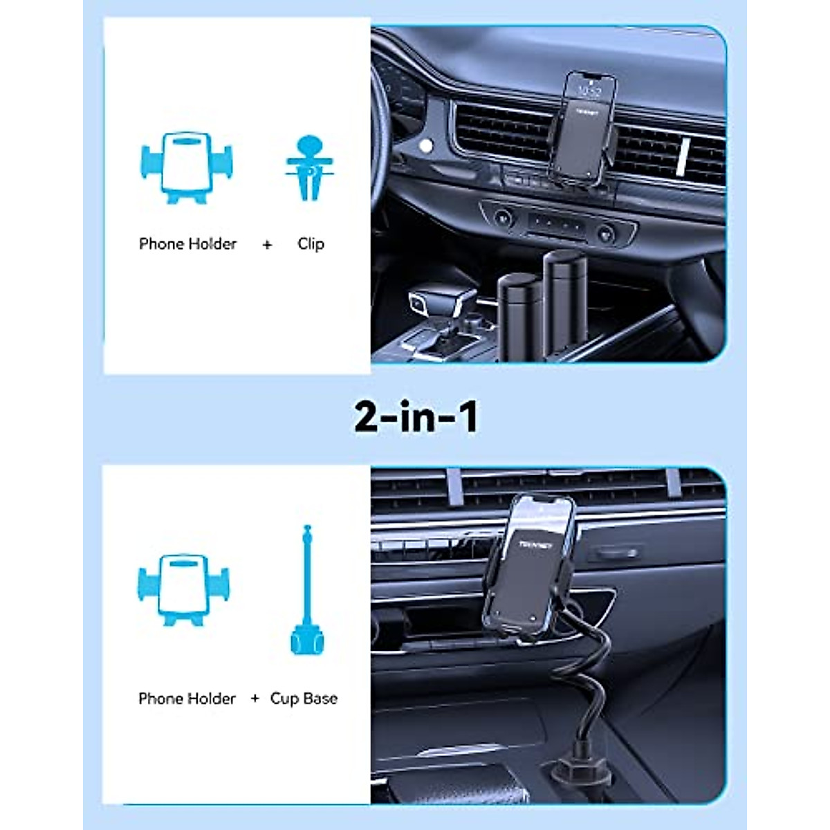 TECKNET Cup Holder Phone Mount for Car - Vent Clip with Cars, Trucks - Adjustable Gooseneck Cradles - Compatible with iPhone, Samsung, Google and Other 4''-7'' Cell Phones