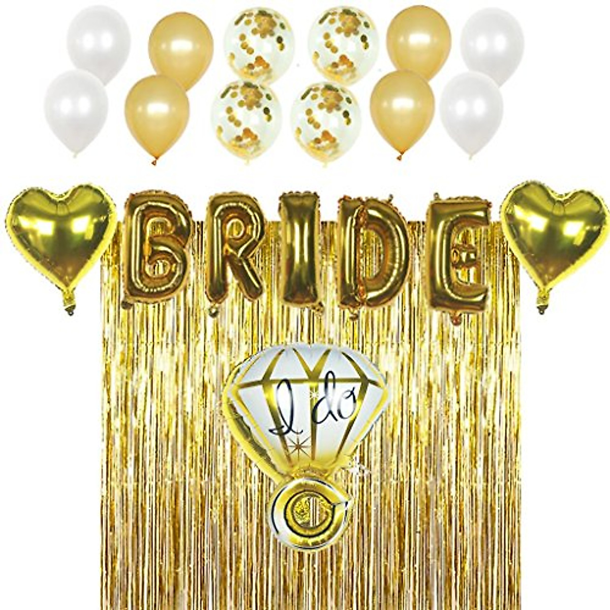 Bridal Shower Bachelorette Party Decorations Kit Gold – Set Includes 1 Fringe Curtain, 1 Set of Foil Bride Balloons, 1 Ring Balloon, 2 Heart Balloons, 4 Confetti Balloons, 4 Gold, 4 White Balloons
