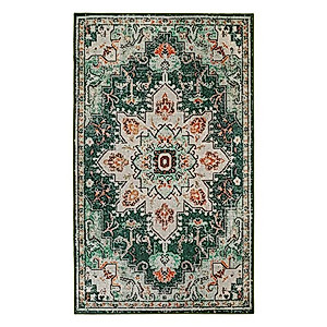 Morebes Ultra-Thin Washable Green Rug 3x5, Large Boho Entryway Office Rug Non-Slip Kitchen Mat Persian Laundry Accent Rug Distressed Oriental Christmas Carpet for Living Room Mushroom
