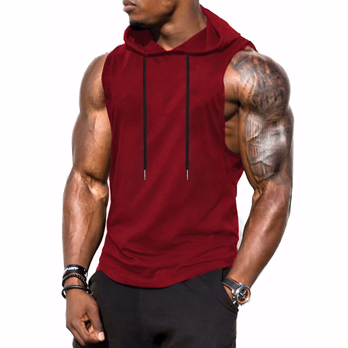 Babioboa Men's Hooded Training Tank Tops Quick Dry Running Cut Off T-Shirt Gym Drawstring Sleeveless Hoodie(Wine Red Medium)
