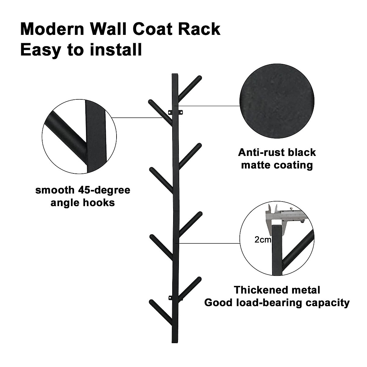 Vertical Coat Rack Wall Mount 2 Pack , Black Hat Rack for Wall with 16 Hooks, Hat Hooks, Wall Mounted Coat Hooks Organizer for Clothes Bags Scarves, Floating Coat Rack for Entryway Bedroom Living Room
