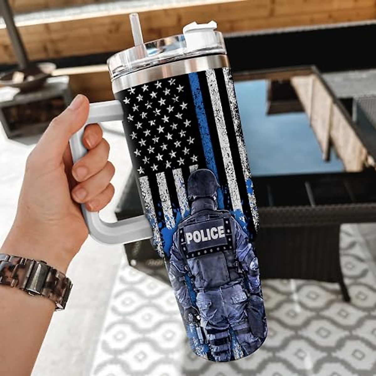 Hyturtle Police Gifts Personalized Thin Blue Line Tumbler US Flag Police Academy Graduation Gifts for Men Cops Officer Retirement 40 Oz Tumbler With Lid And Straw