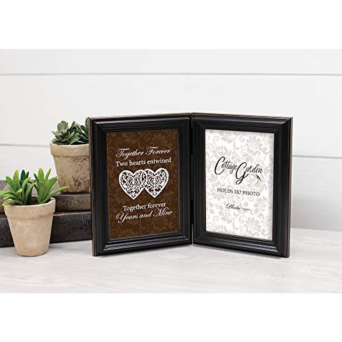 Cottage Garden Together Forever Hearts Midnight Black 5 x 7 Woodgrain Hinged Double Tabletop Photo Frame