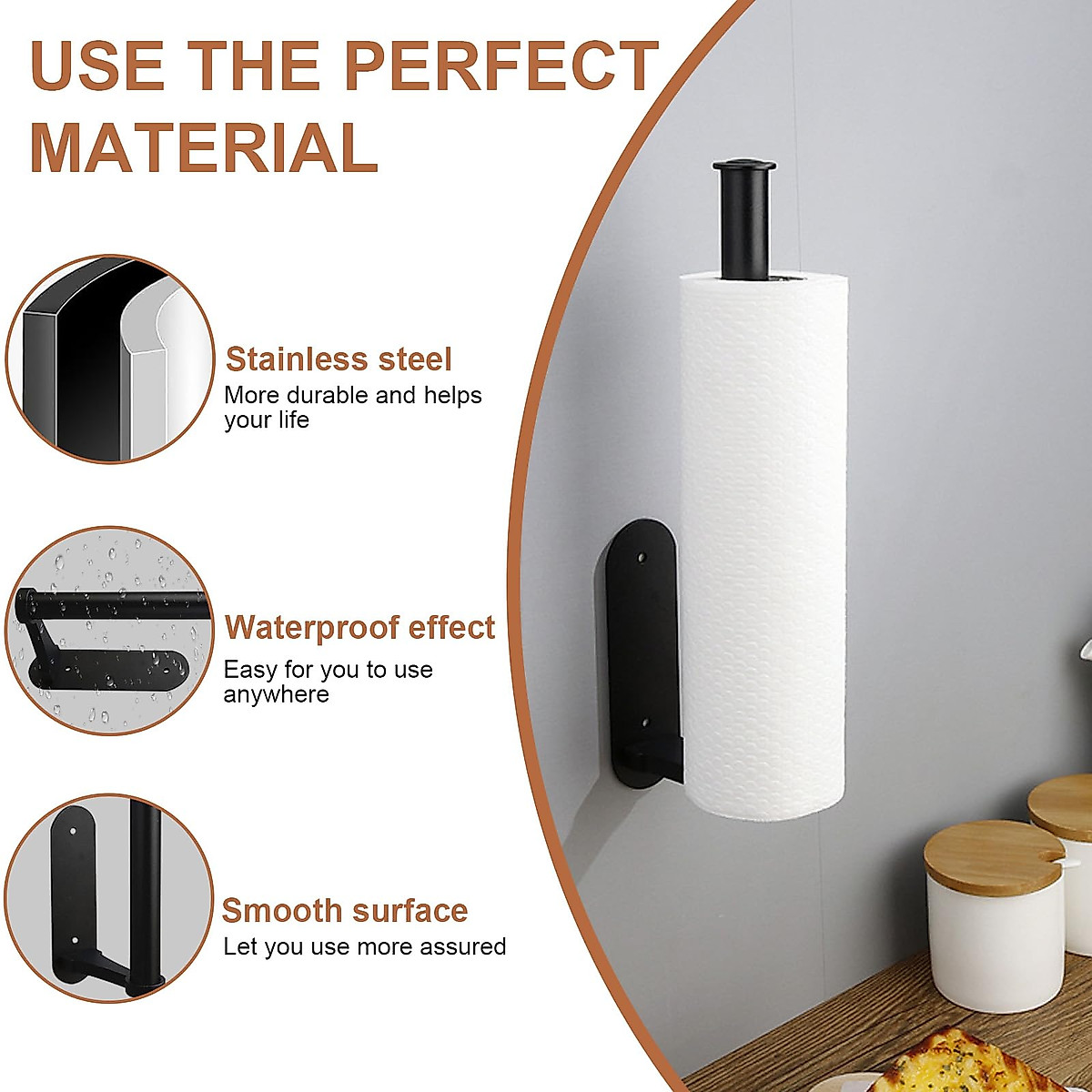 WSZBDY Paper Towel Holder and Wall Hook Set, Wall Mount Paper Roll Holder and Towel Hooks, Self-Adhesive Under Cabinet, Both Available in Adhesive and Screws, for Kitchen and Bathroom