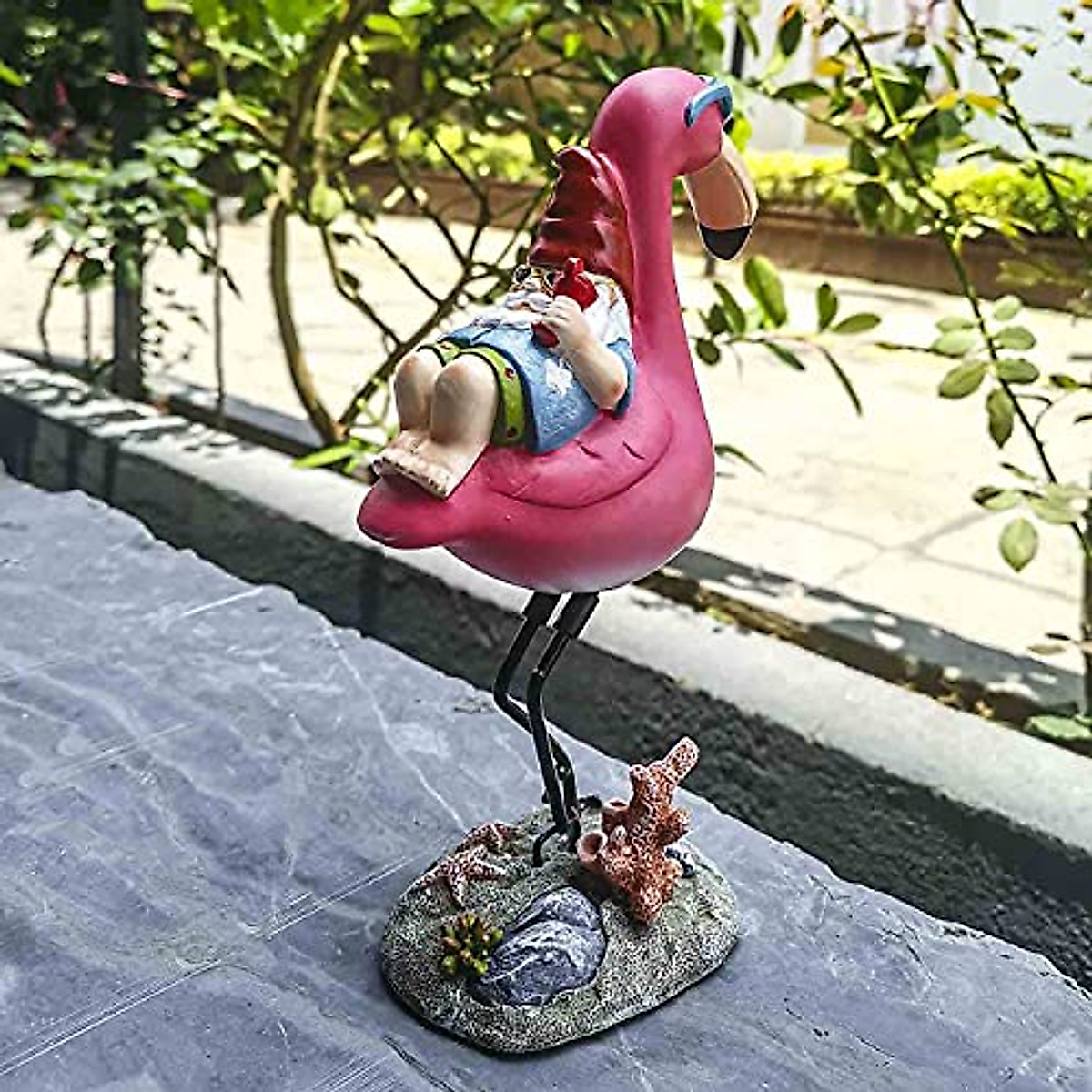 Jy.Cozy Gnome Garden Statue, Funny Gnome Reclining on Flamingo Figurines, Resin Garden Gnomes Fall Decorations Outdoor for Patio Yard Lawn Porch, Ornament Gift
