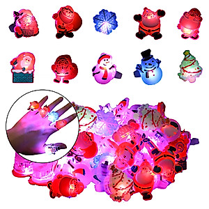 KIMOBER 50PCS Christmas Light Up Rings,Assorted Santa Snowman Flash LED Rings Toys Glow in the Dark Rings Toys for Xmas Kids Party Favors