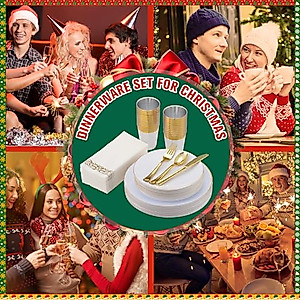 Vplus 175 Count Gold and White Plastic Plates Sets, Disposable Dinnerware Sets for Wedding Party