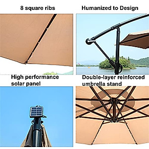 10FT LED Outdoor Patio Umbrella, Solar LED Offset Hanging Market Patio Umbrella, Solar Light Cantilever Umbrella, 8 Ribs Adjustment, for Pool, Yard, Garden,Coffee