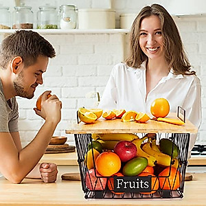 2 Pack Stackable Wire Storage Baskets with Wood Lid- Kitchen Countertop Organizer for Fruit Vegetable -Large Metal Bin for Pantry Organization and Storage, Black