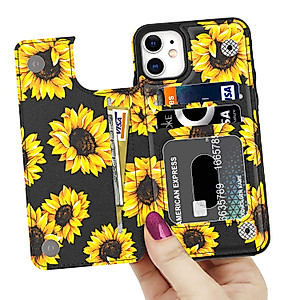 LETO iPhone 11 Case,Leather Wallet Case with Fashion Floral Flower Designs for Girls Women,with Kickstand Card Slots Cover,Protective Phone Case for Apple iPhone 11 6.1" Blooming Sunflowers
