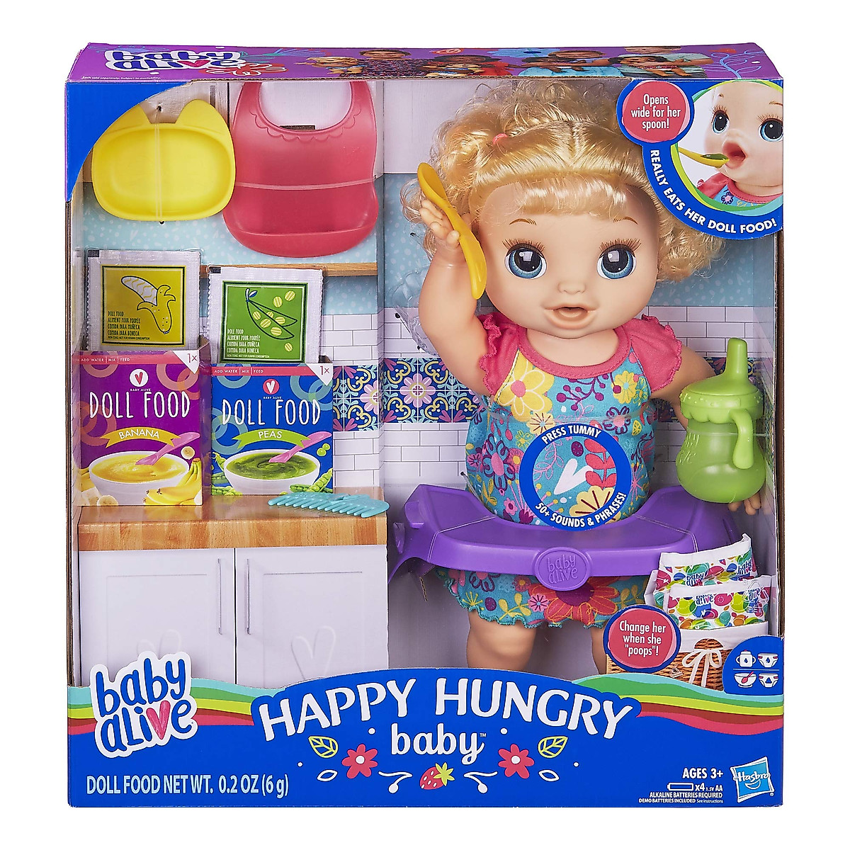Baby Alive Happy Hungry Baby Blond Curly Hair Doll, Makes 50+ Sounds & Phrases, Eats & Poops, Drinks & Wets, for Kids Age 3 & Up, Brown/A (E4894)