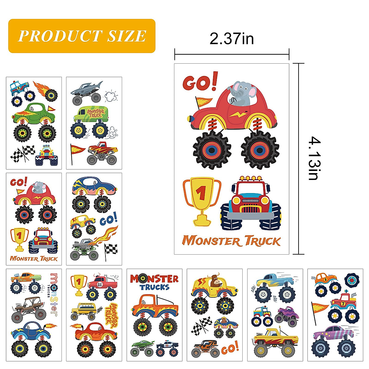 Monster Truck Birthday Party Supplies Temporary Tattoos for Kids, 10 Sheets Trucks, Big Cars, Finish Lines Fake Tattoos Stickers for Kids Girls Boys Decorations School Rewards Gifts