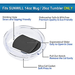 Lid for SUNWILL 14oz Mugs and 20oz Tumblers Only, Spill and Splash Resistant Sliding Covers Replacement 2 Pack Black, Straw Friendly, BPA Free