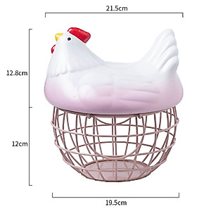 Egg Basket Chicken Decor Mesh Wire Egg Storage Basket with Ceramic Chicken Lid, Farmhouse Egg Holder for Refrigerator Egg Baskets for Fresh Eggs Pink