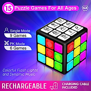 Rechargeable Game Handheld Cube, 15 Fun Brain & Memory Game with Score Screen, Cool Toys for Kids, Christmas Birthday Gifts for Boys Girls Aged 6-12+ Years Old, Toy Gift Idea for Kids（Black）