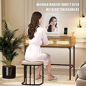 FREDEES Makeup Vanity with LED Lights - Vanity Desk with Glass Top Design & Charging Station, Wooden Makeup Table with Rattan Drawers, Bedroom Furniture Dressing Table Office Desk