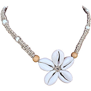 BlueRica Cowrie Shells Flower Pendant on Braided Hemp Cord Choker Necklace with Puka Shell Beads